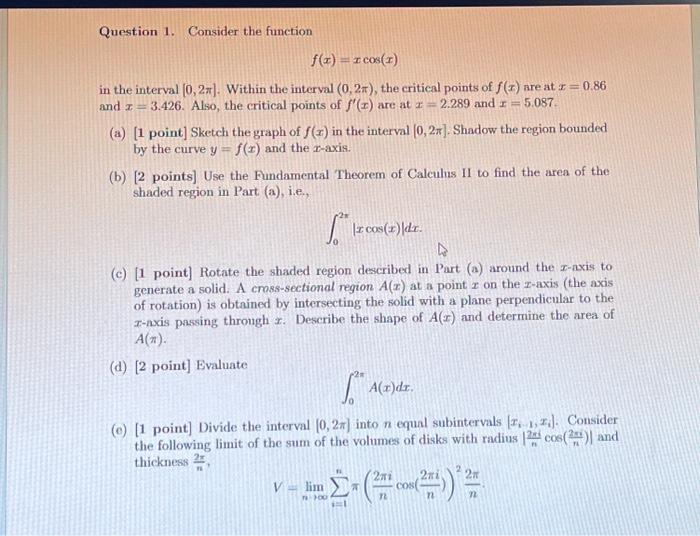 Solved Question 1. Consider the function f(x)=xcos(x) in the | Chegg.com