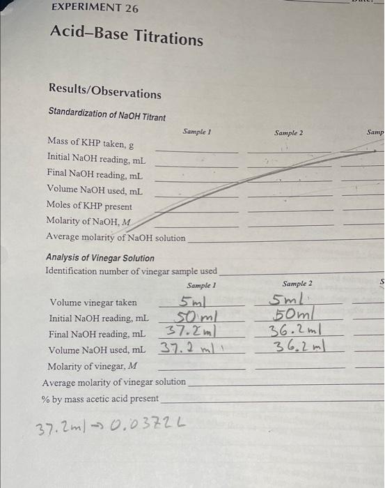 Solved EXPERIMENT 26 Acid-Base TitrationsAlc+H2O yol mol | Chegg.com