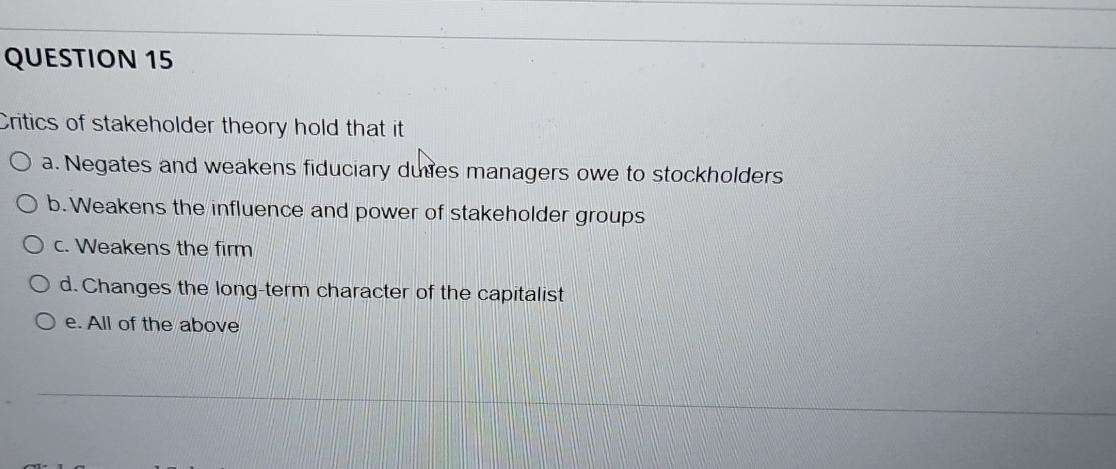 Solved QUESTION 15Critics of stakeholder theory hold that | Chegg.com