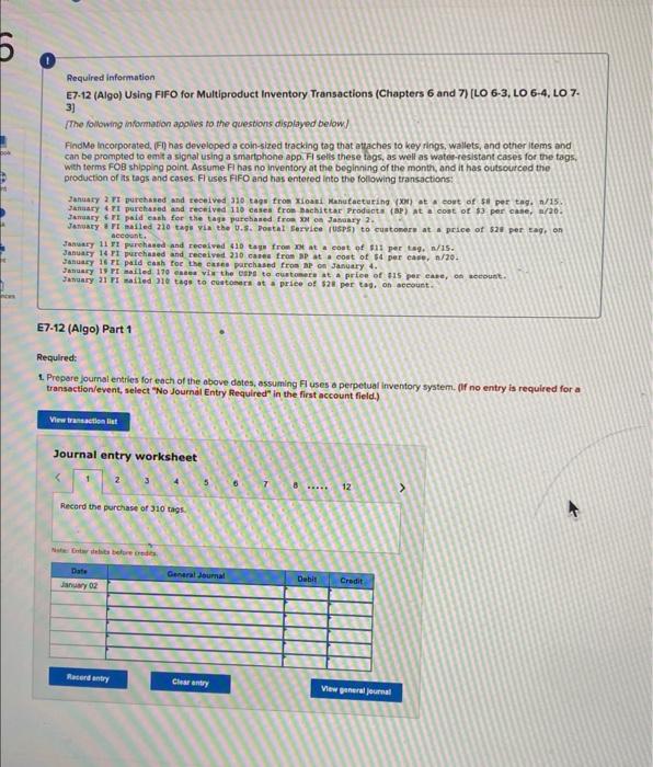 Solved Pequired information E7-12 (Algo) Using FIFO for | Chegg.com