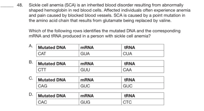 Solved 48. Sickle cell anemia (SCA) is an inherited blood | Chegg.com