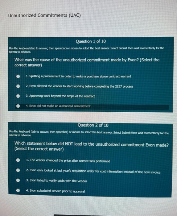 Solved Unauthorized Commitments (UAC) Question 1 of 10 Use | Chegg.com