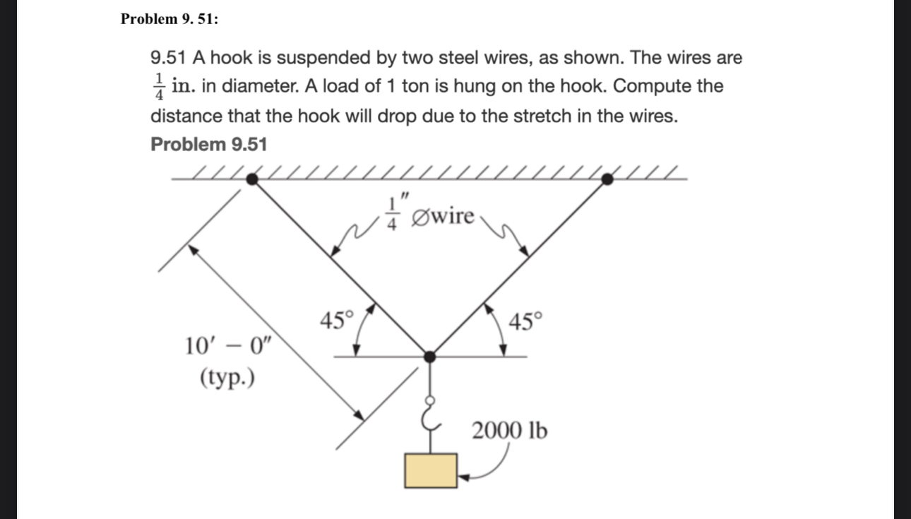 Solved Problem 9. 51:9.51 ﻿A hook is suspended by two steel | Chegg.com