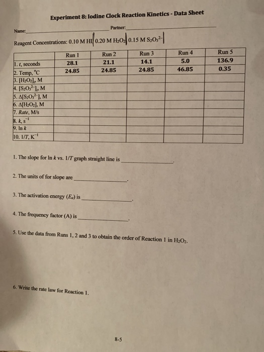 Name: Experiment 8: Iodine Clock Reaction Kinetics - | Chegg.com