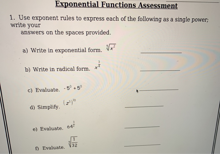 Solved Exponential Functions Assessment 1. Use exponent | Chegg.com