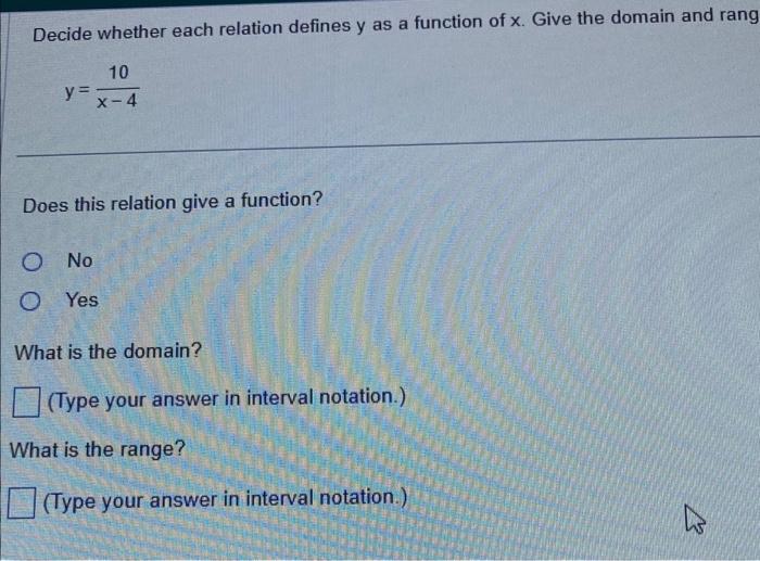 Solved Decide whether each relation defines y as a function | Chegg.com