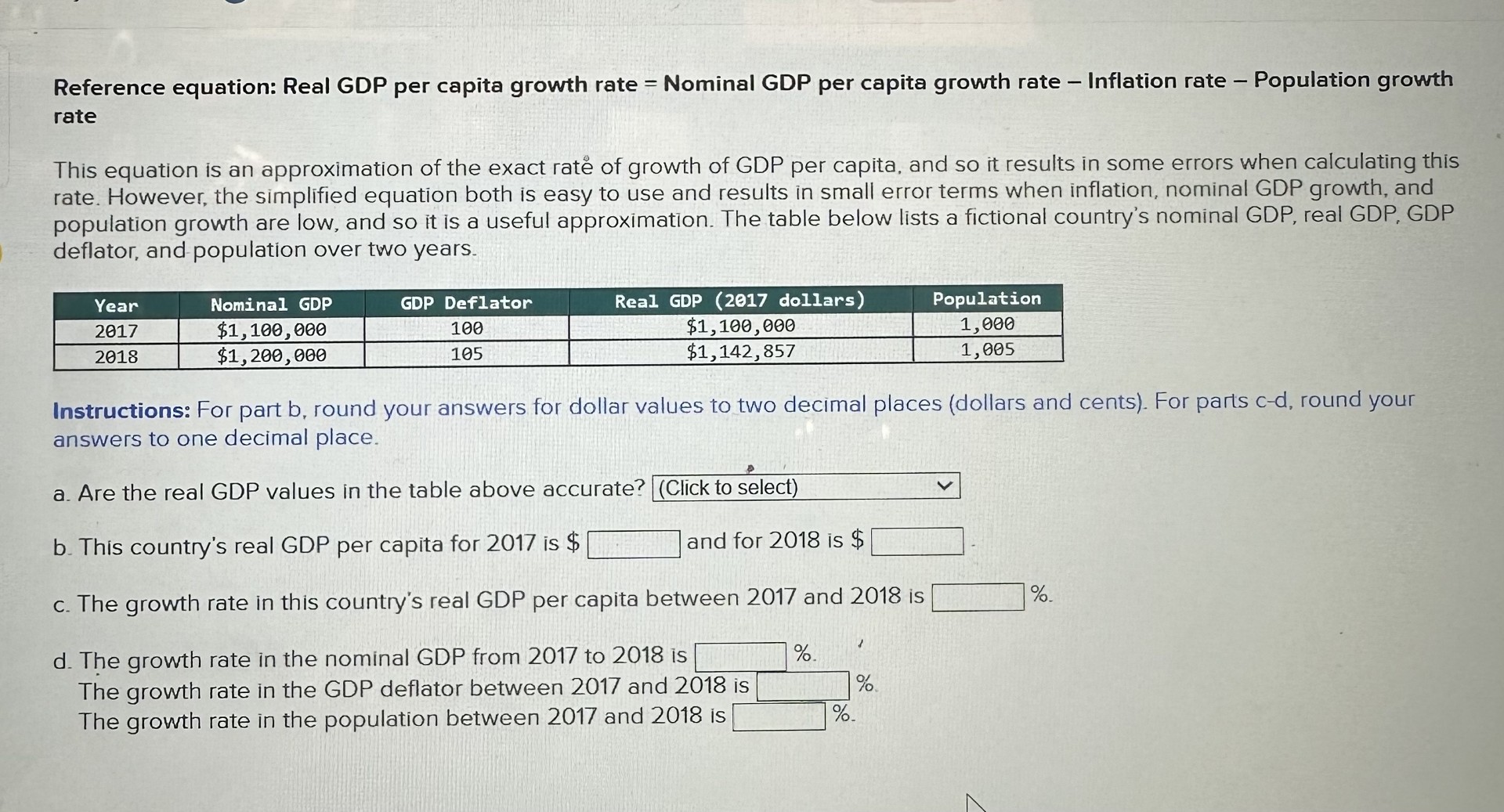 Reference equation: Real GDP per capita growth rate = | Chegg.com