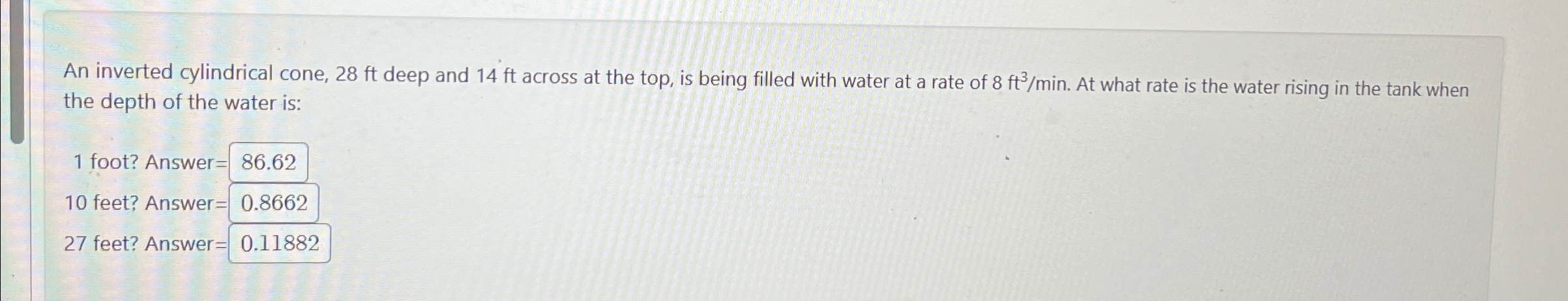Solved An inverted cylindrical cone, 28ft ﻿deep and 14ft | Chegg.com