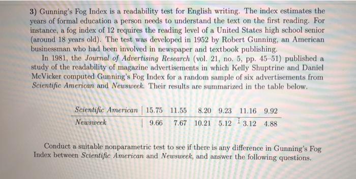 Solved 3) Gunning's Fog Index is a readability test for | Chegg.com