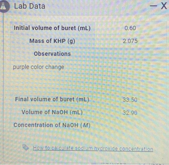 Solved Lab Data Initial volume of buret (mL) Mass of KHP (g) | Chegg.com