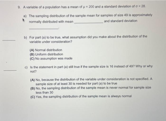 Solved 9. A variable of a population has a mean of μ=200 and | Chegg.com