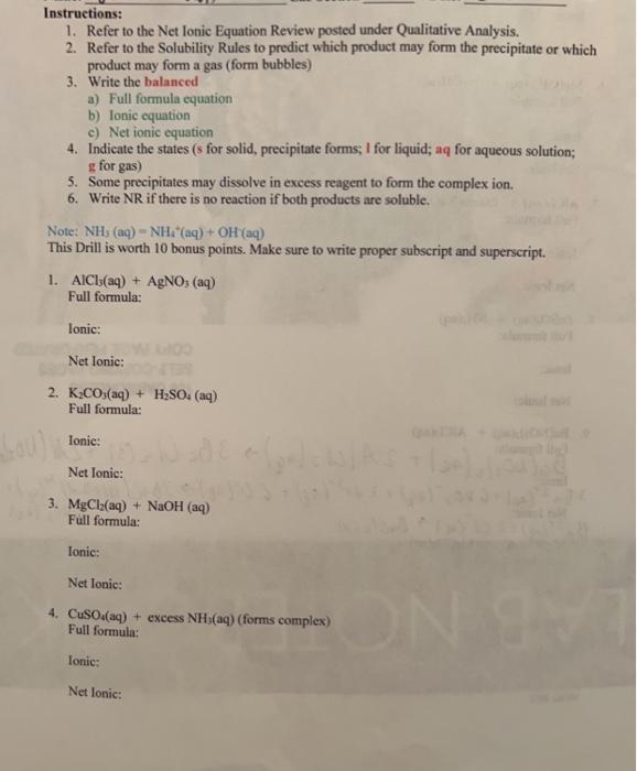 Solved Instructions: 1. Refer to the Net Ionic Equation | Chegg.com