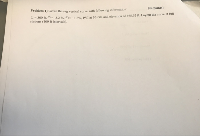 Solved (20 points) Problem 1) Given the sag vertical curve | Chegg.com