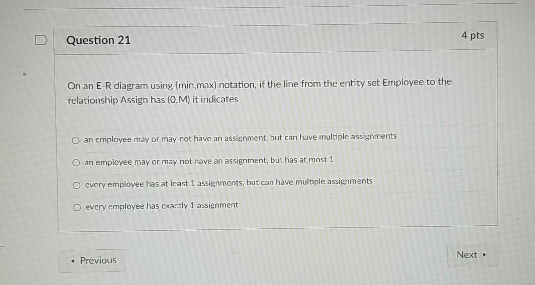 Solved 4 pts Question 21 On an E-R diagram using (min,max) | Chegg.com