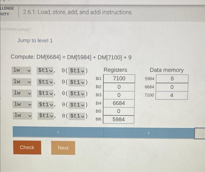Solved LLENGE VITY 2.6.1: Load, store, add, and addi | Chegg.com Solved LLENGE VITY 2.6.1: Load, store, add, and addi | Chegg.com