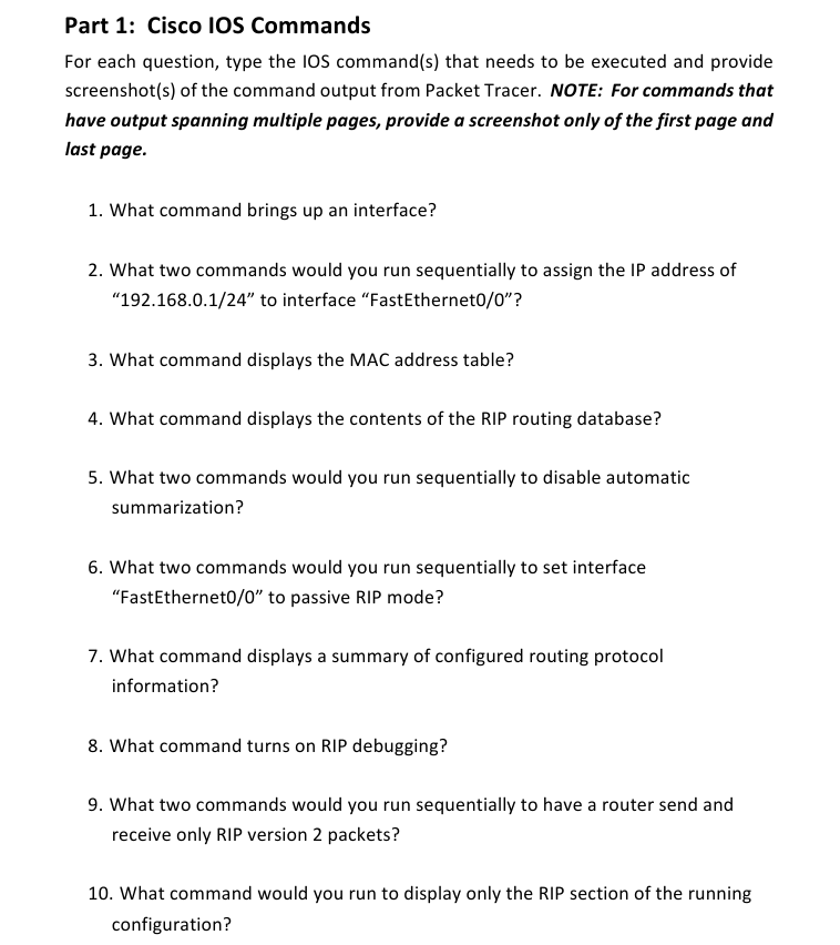 Solved Part 1: Cisco IOS Commands For each question, type | Chegg.com