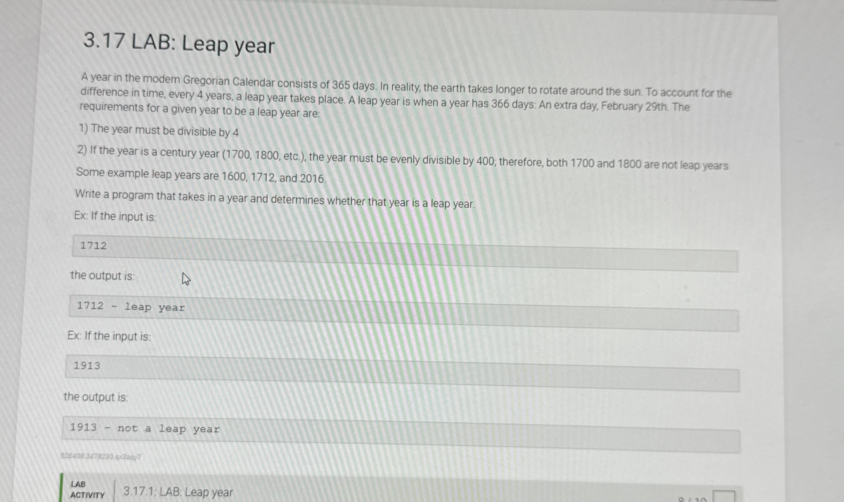 Solved 3.17 ﻿LAB: Leap yearA year in the modern Gregorian | Chegg.com