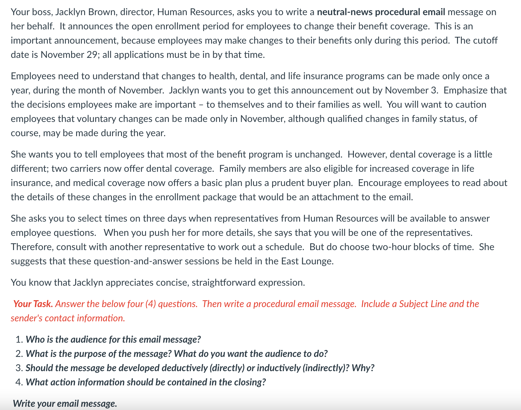 Solved Your boss, Jacklyn Brown, director, Human Resources, | Chegg.com