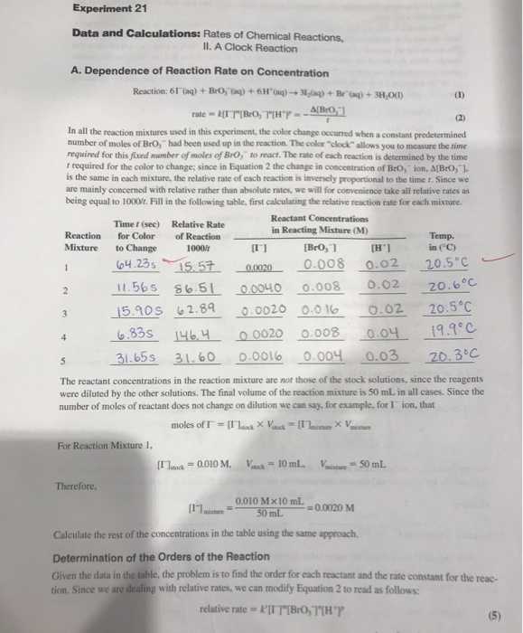 Solved Experiment 21 Data and Calculations: Rates of | Chegg.com