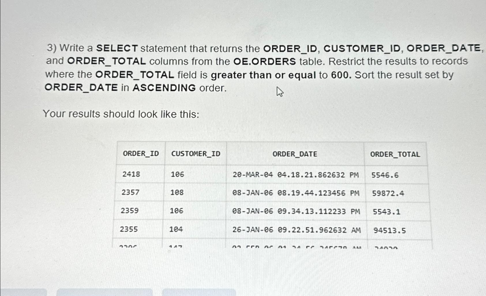 Solved Write a SELECT statement that returns the ORDER_ID, | Chegg.com