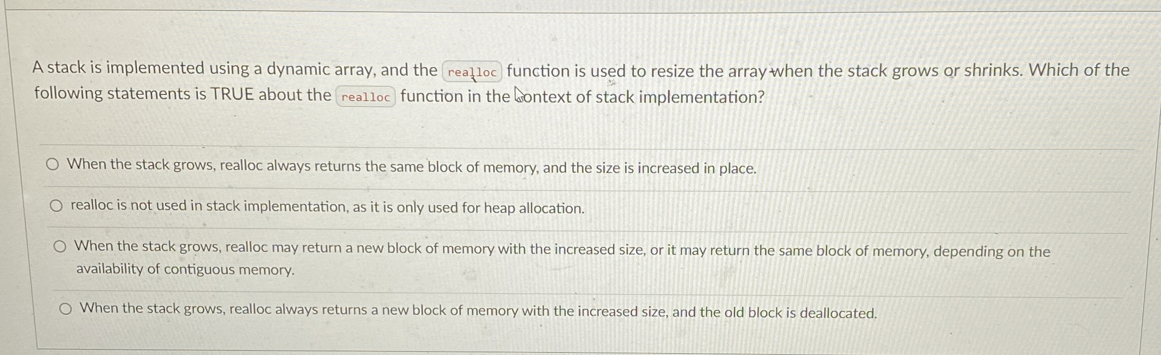 Solved A stack is implemented using a dynamic array, and the | Chegg.com