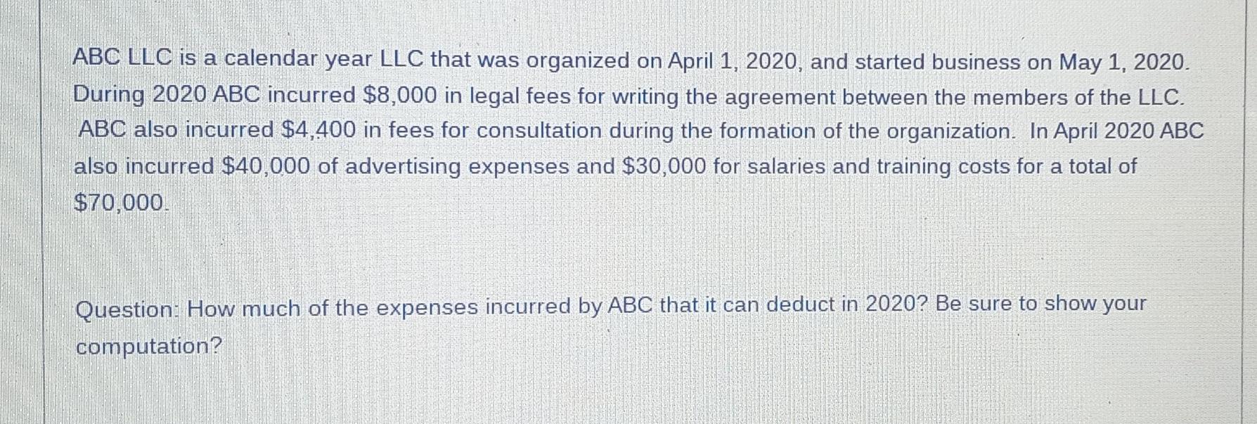 Solved ABC LLC is a calendar year LLC that was organized on | Chegg.com
