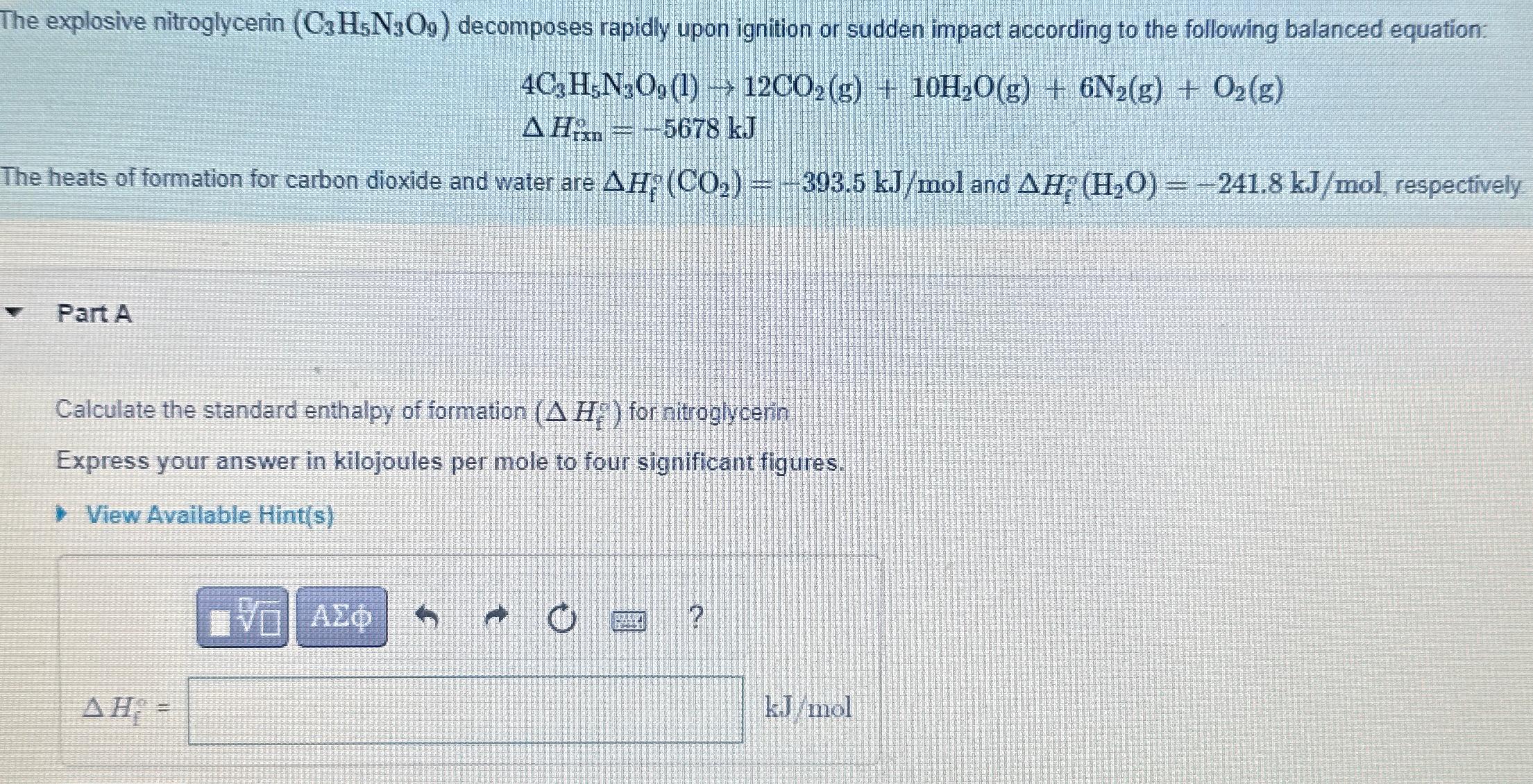 Solved The explosive nitroglycerin (C3H5N3O9) ﻿decomposes | Chegg.com