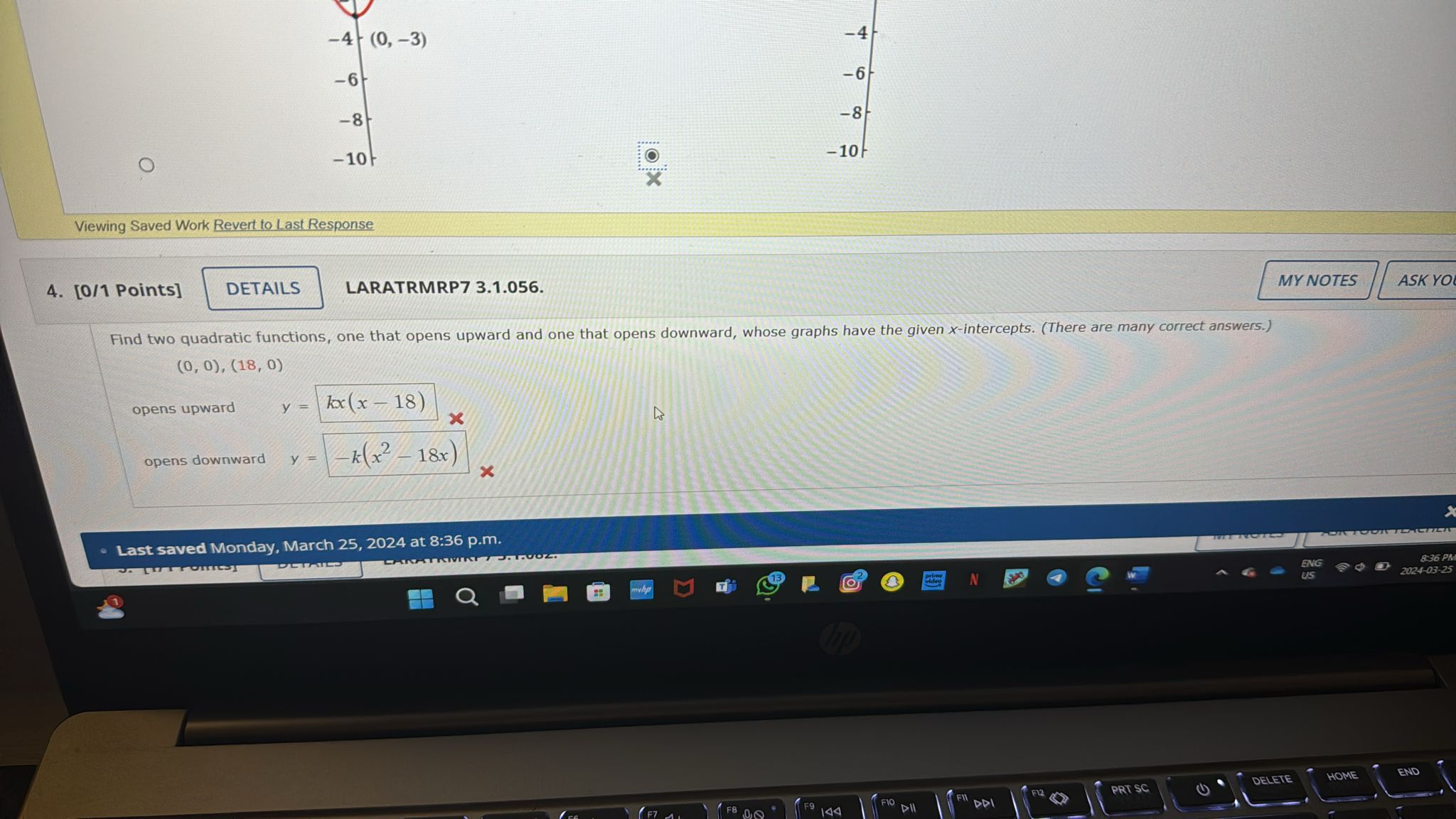 Solved Find two quadratic functions, one that opens upward | Chegg.com