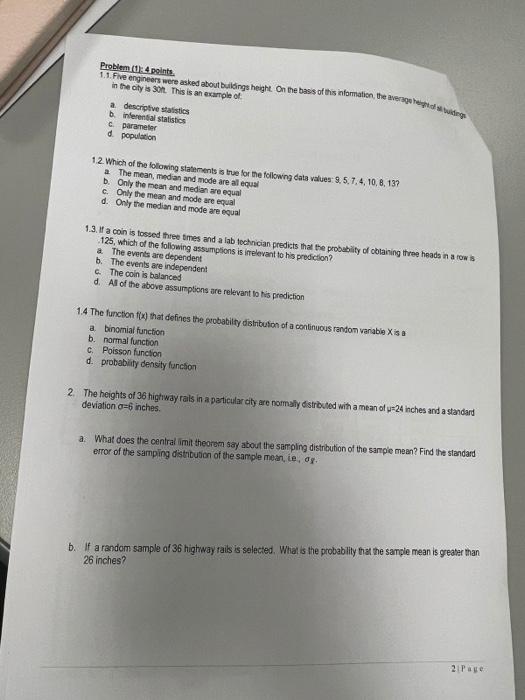 Solved Problem (1): 4 points. 1.1. Five engineers were asked | Chegg.com