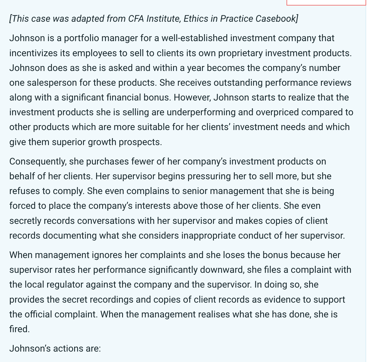Solved [This case was adapted from CFA Institute, Ethics in | Chegg.com