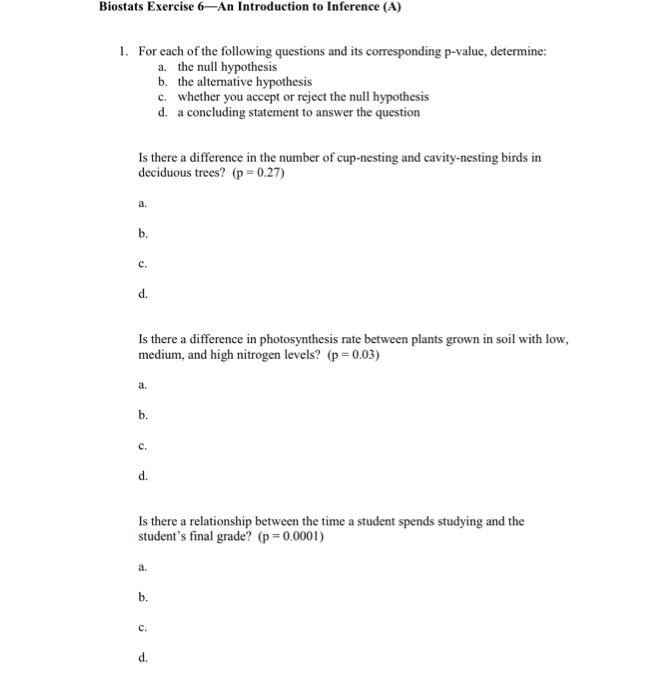 Solved Biostats Exercise 6-An Introduction to Inference (A) | Chegg.com