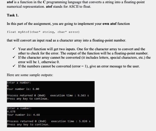 Solved atof is a function in the C programming language that | Chegg.com