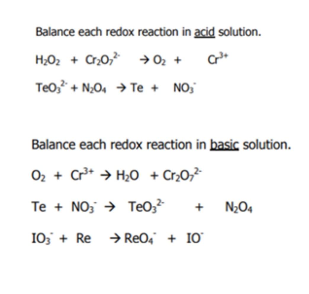 Solved Balance each redox reaction in acid solution. Cr3+ | Chegg.com