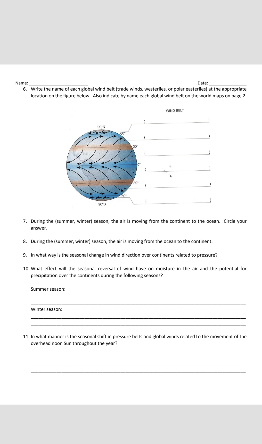 Solved Name: Date: 6. Write the name of each global wind | Chegg.com