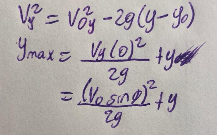 Vy2ymax =V0y2−2g(y−y0)=2gVy(0)2+y0=2g(V0sinϕ)2+y | Chegg.com