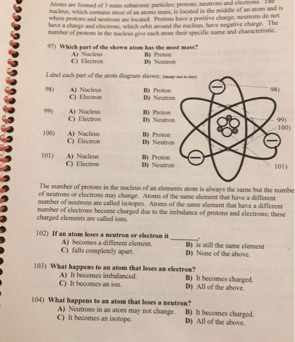 Solved ¢¢¢ Atoms are formed of 3 main subatomic particles, | Chegg.com