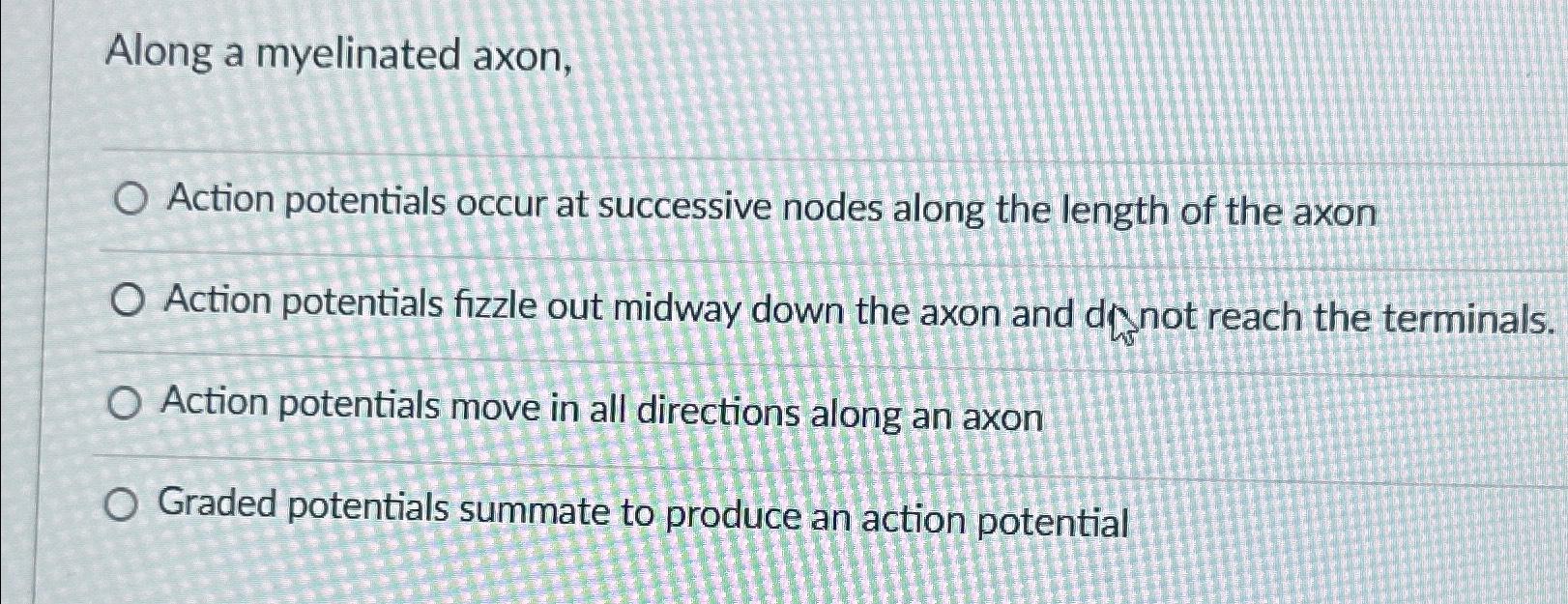Solved Along a myelinated axon,Action potentials occur at | Chegg.com