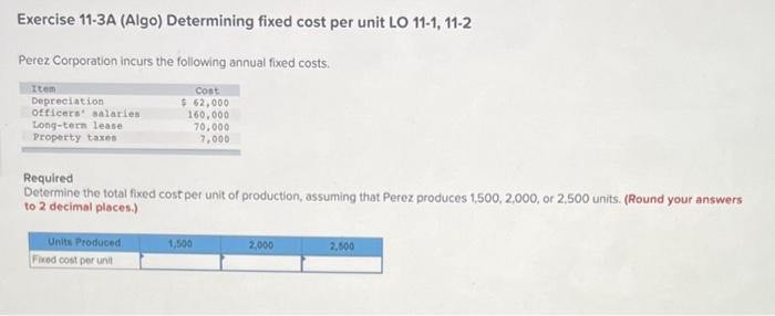 Solved Exercise 11-3A (Algo) Determining fixed cost per unit | Chegg.com