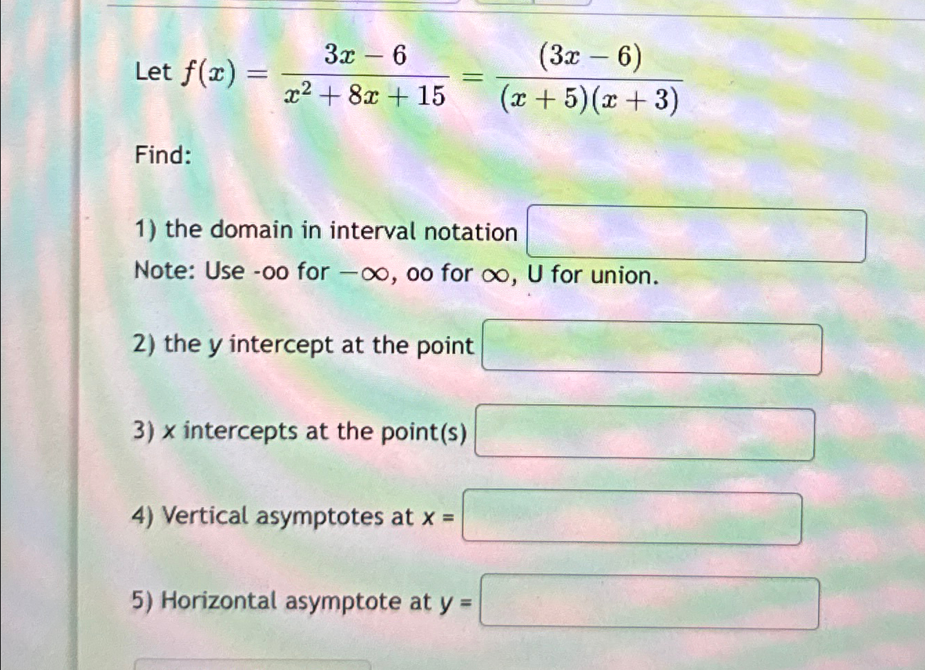 Solved Let f(x)=3x-6x2+8x+15=(3x-6)(x+5)(x+3)Find:the domain | Chegg.com
