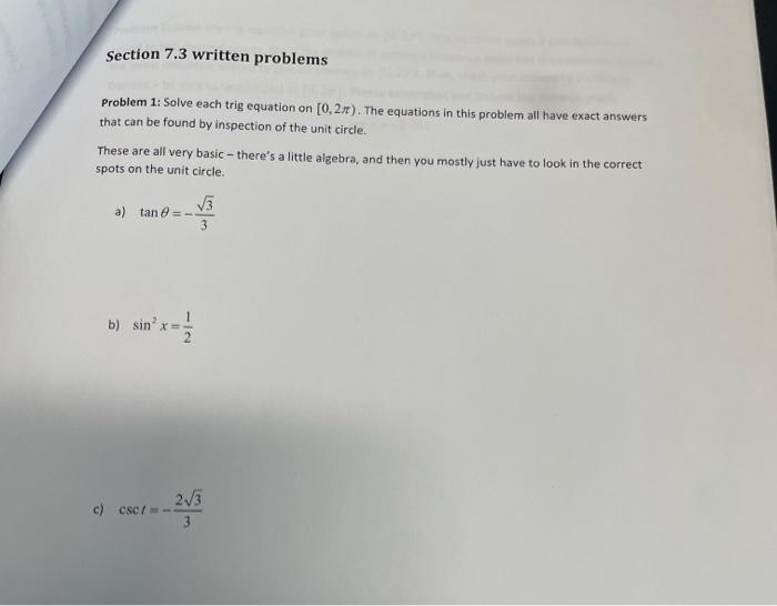 Solved Problem 1: Solve each trig equation on [0,2π). The | Chegg.com