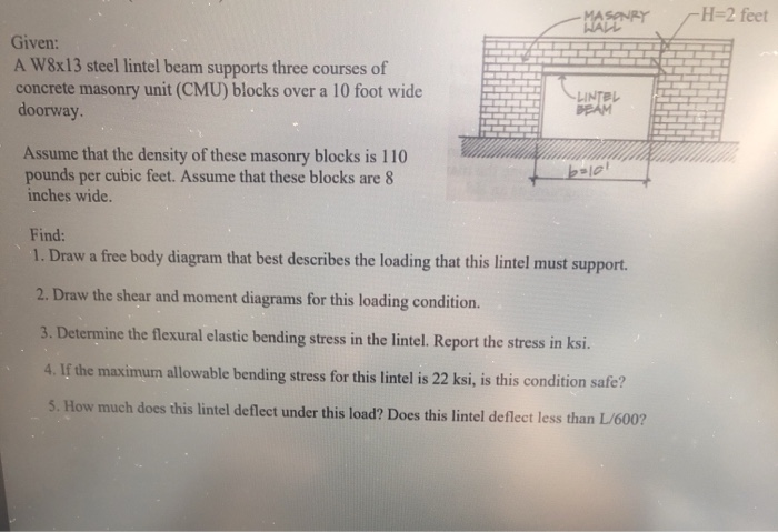Solved MASONRY -H=2 feet ALL Given: A W8x13 steel lintel | Chegg.com