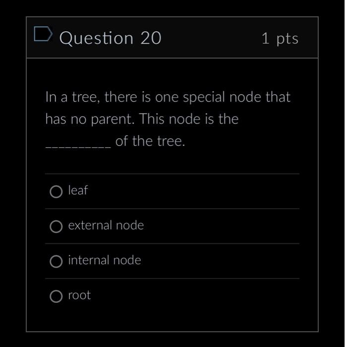 Solved Question 20 1 pts In a tree, there is one special | Chegg.com