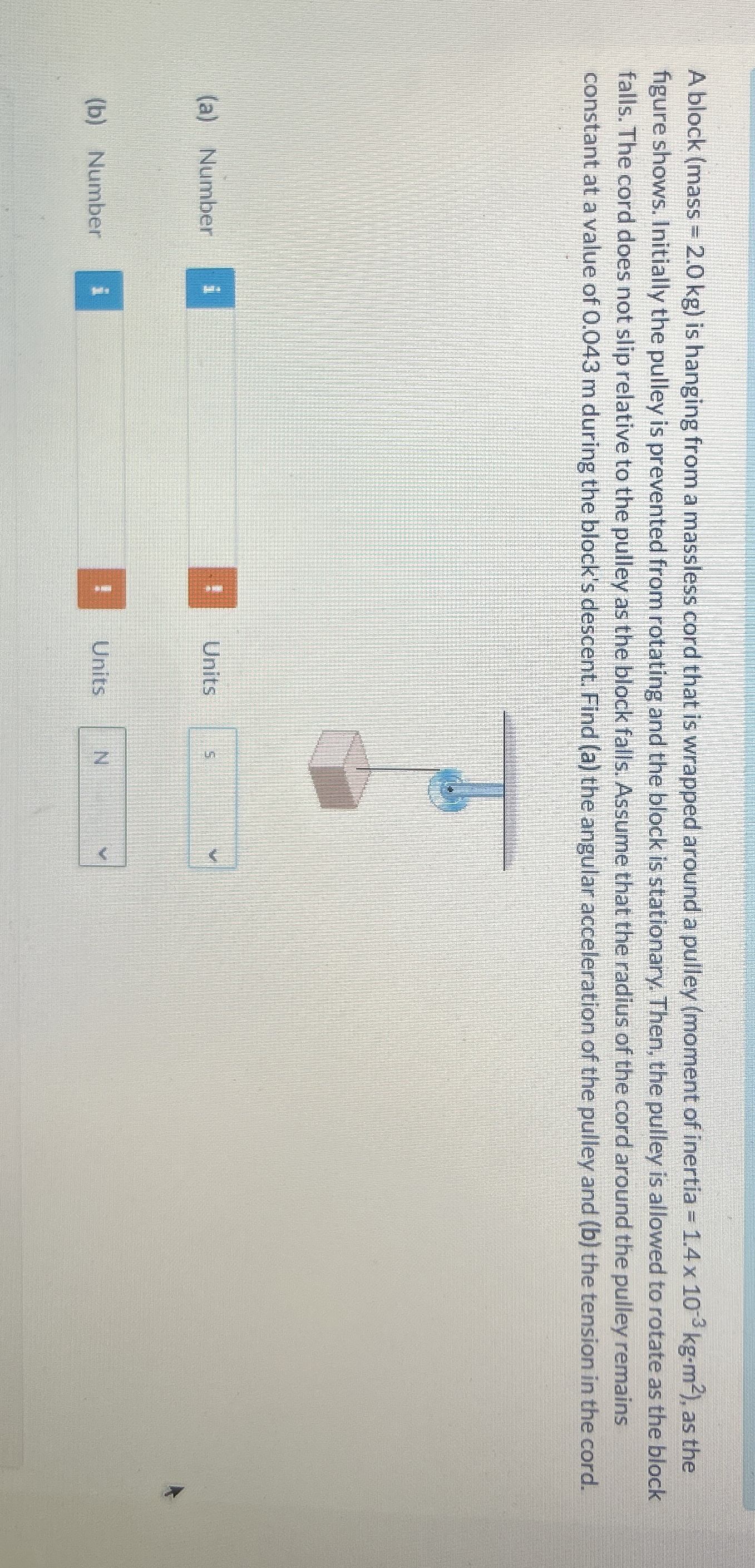 Solved A block (mass =2.0kg ) ﻿is hanging from a massless | Chegg.com