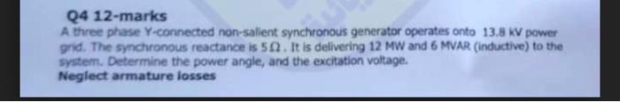Solved Q4 12-marks A three phase Y-connected non-salient | Chegg.com