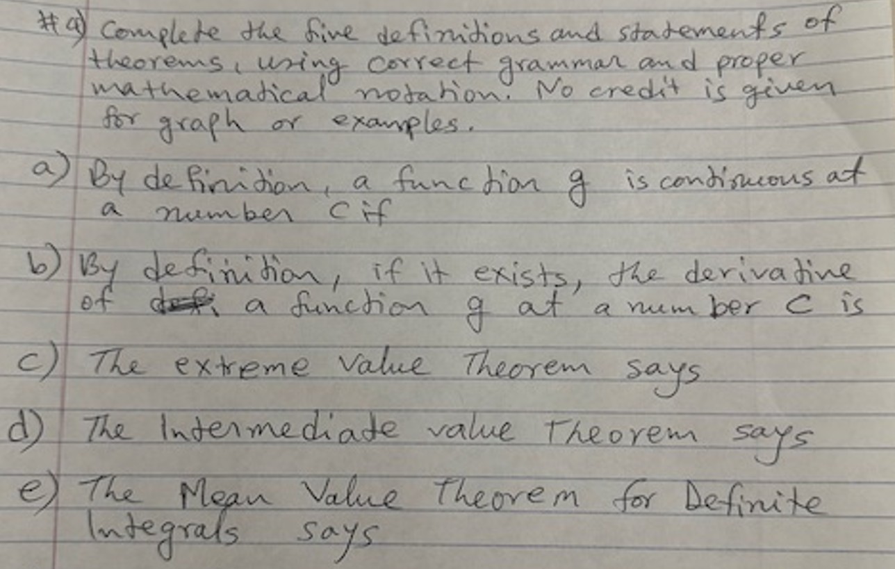 Solved \# a) ﻿Complete the five definitions and statements | Chegg.com