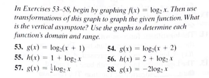 Solved In Exercises 53-58, begin by graphing f(x)=log2x. | Chegg.com