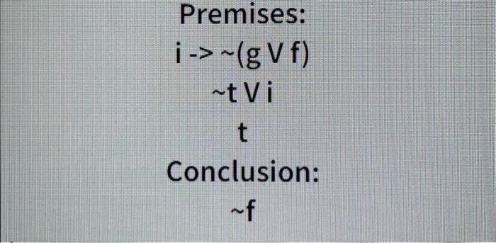 Solved Premises: i→>∼(g∨f)∼t∨it Conclusion: ∼f | Chegg.com