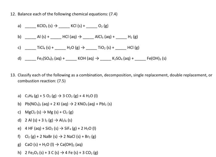 Solved 12. Balance each of the following chemical equations: | Chegg.com