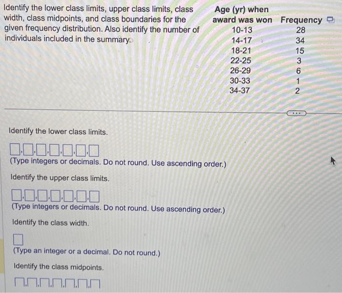 Solved Identify the lower class limits, upper class limits, | Chegg.com