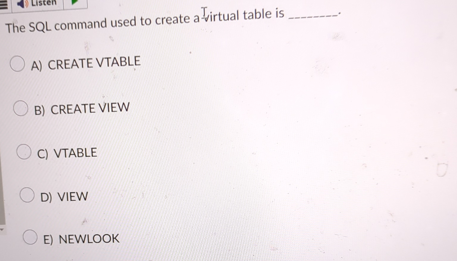 Solved ListenThe SQL command used to create a Idirtual | Chegg.com